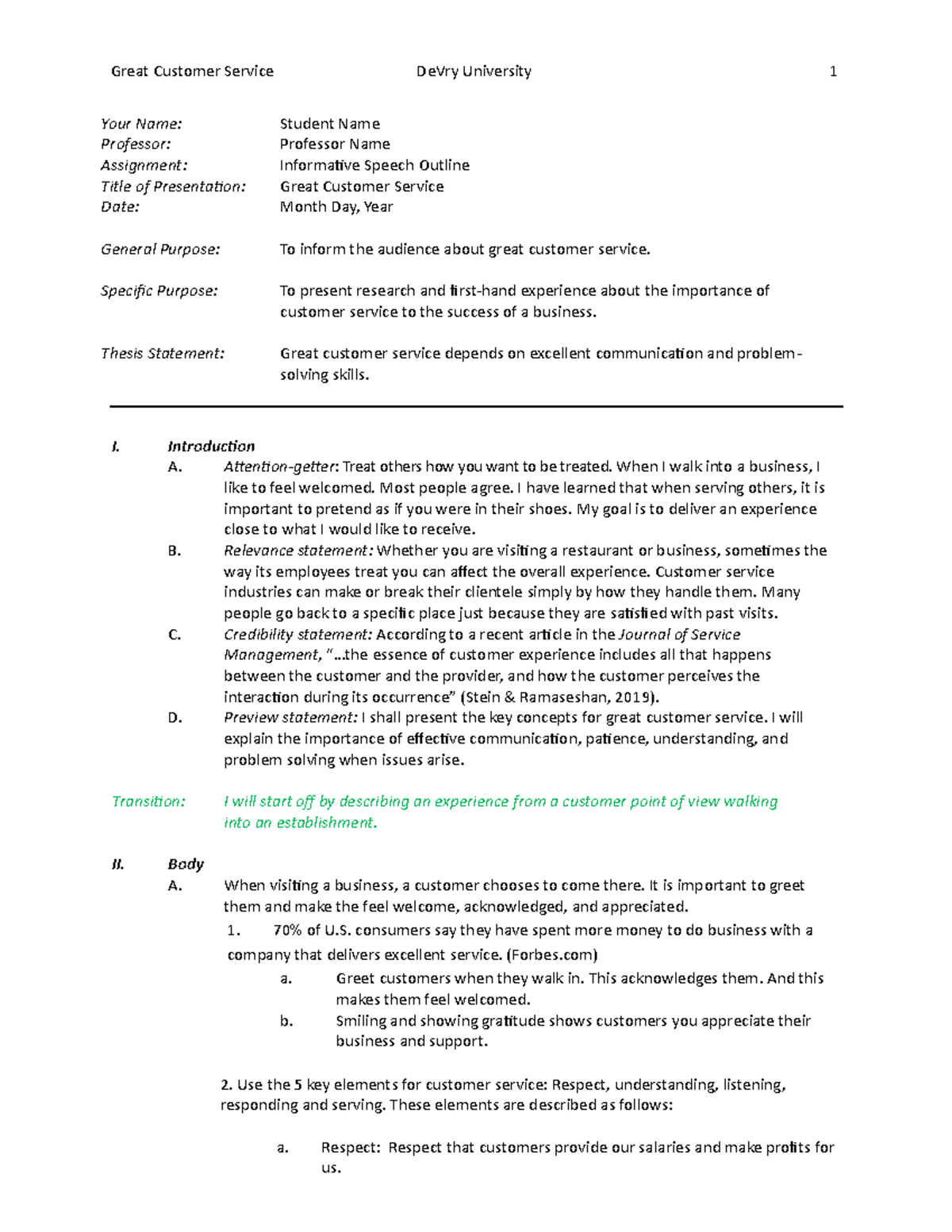 Informative Speech Outline: Great Customer Service (DeVry University ...