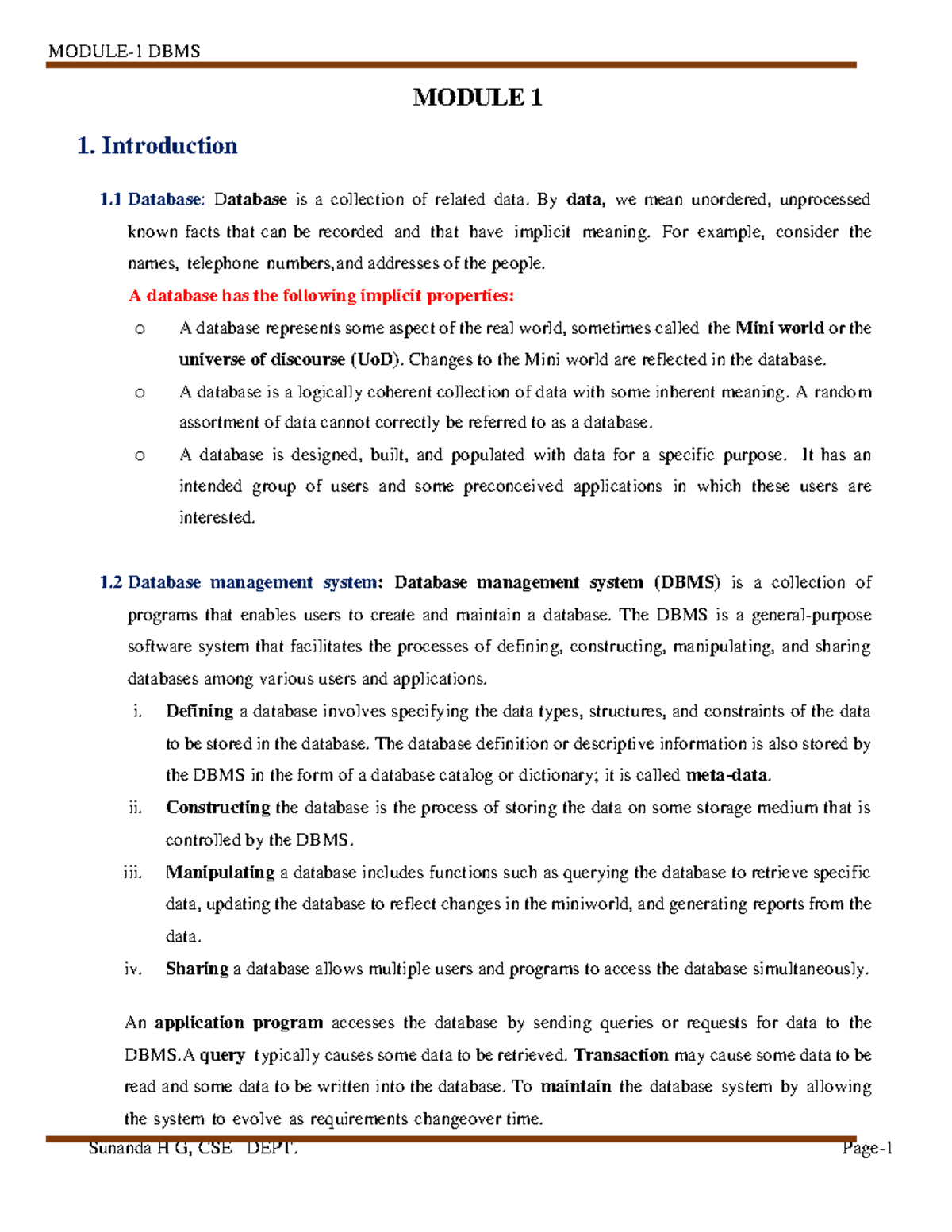 Module 1 DBMS: Introduction to Database Concepts and Management - Studocu