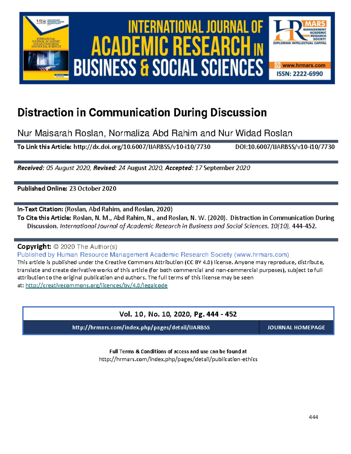 Distraction in Communication During Disc - Vol. 1 0 , No. 10, 2020, E ...