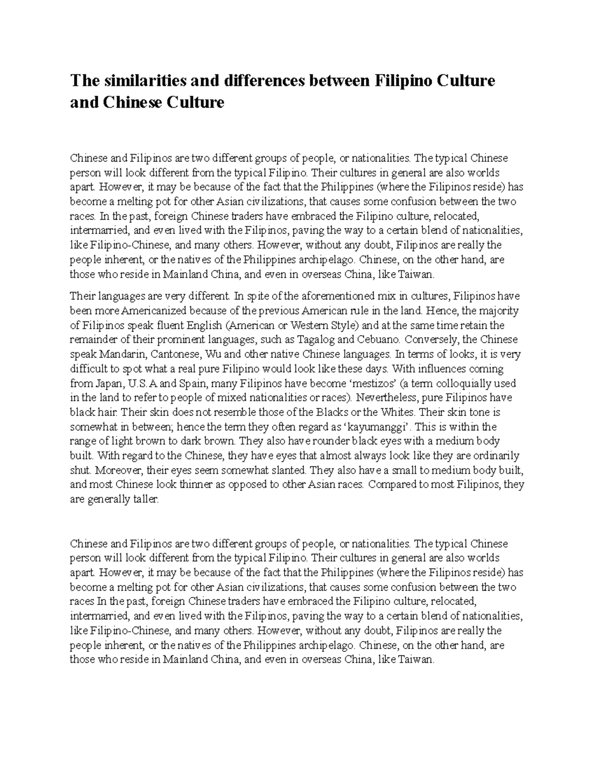 Documented Essay - The similarities and differences between Filipino ...
