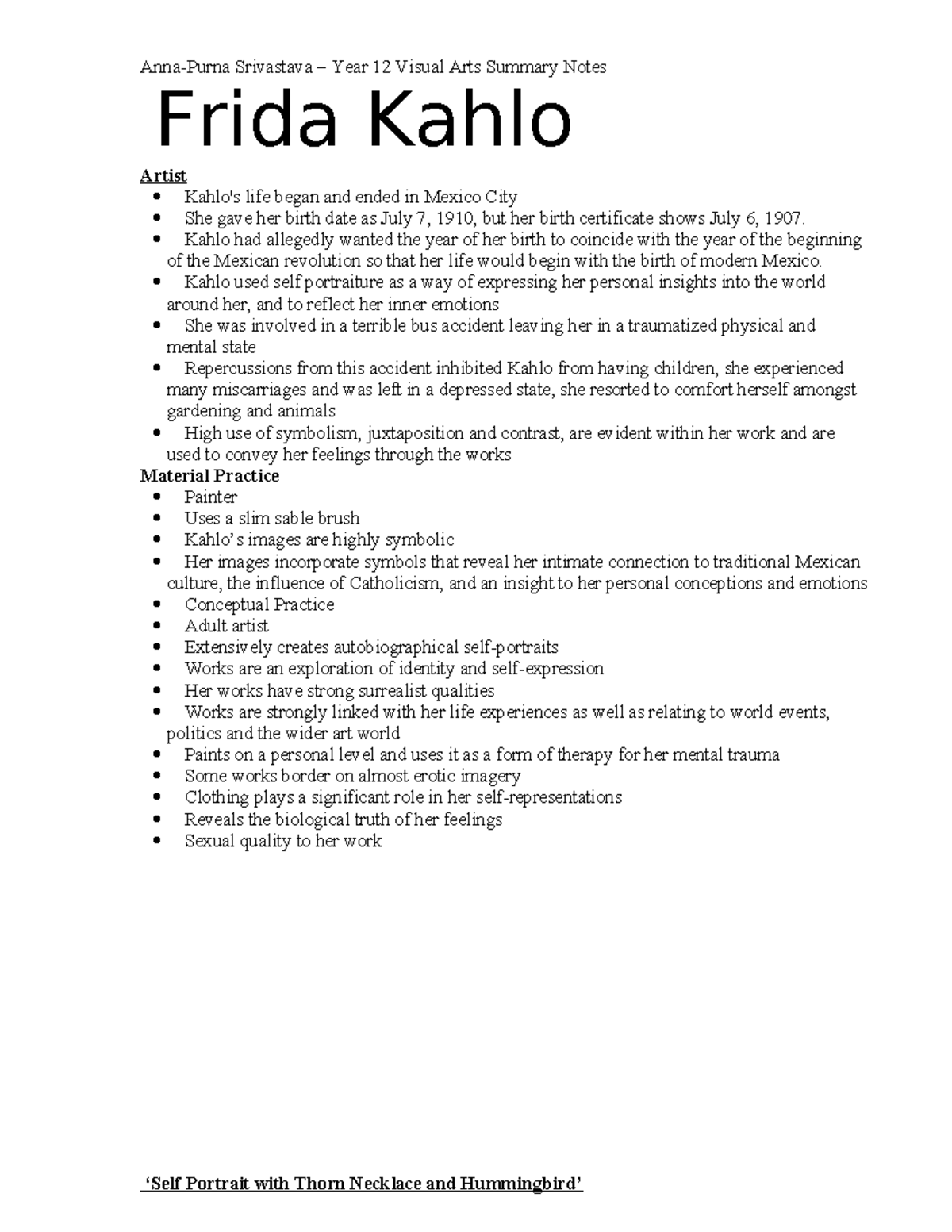 Srivastava Year 12 Visual Arts Notes: Frida Kahlo's Life & Work - Studocu