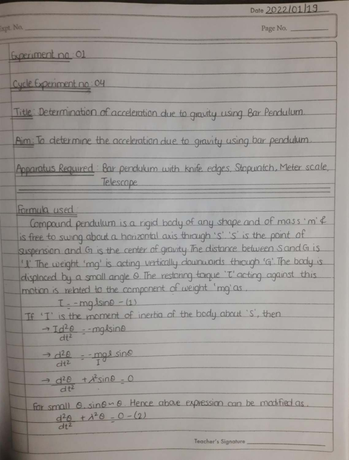 Determination of Acceleration due to Gravity - Exp 01 (121ME0464) - Studocu