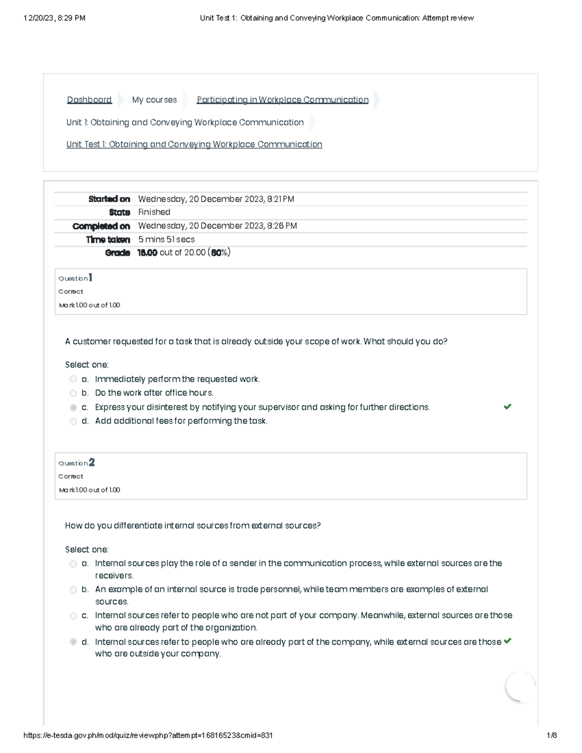 Unit Test 1: Review of Workplace Communication Skills and Concepts ...