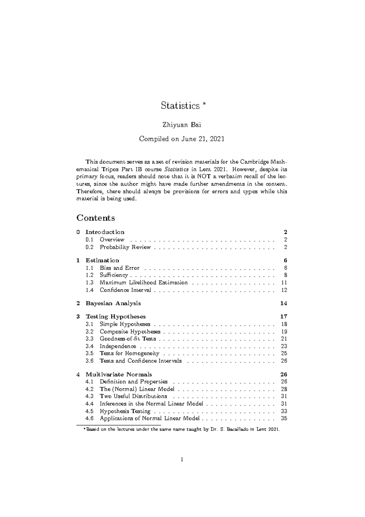 Statistics (STATS) Revision Notes for Cambridge Mathematical Tripos ...