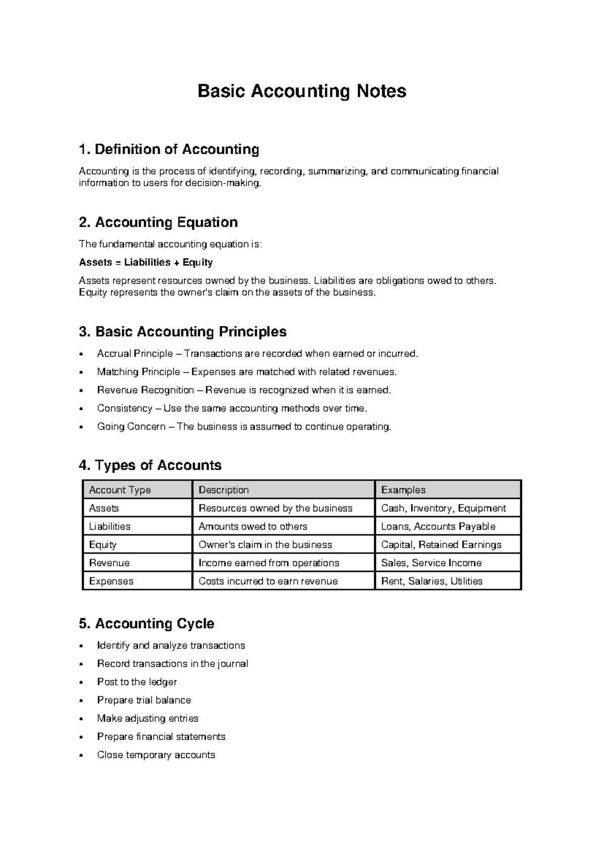 Basic Accounting Notes: Key Concepts and Principles - Studocu