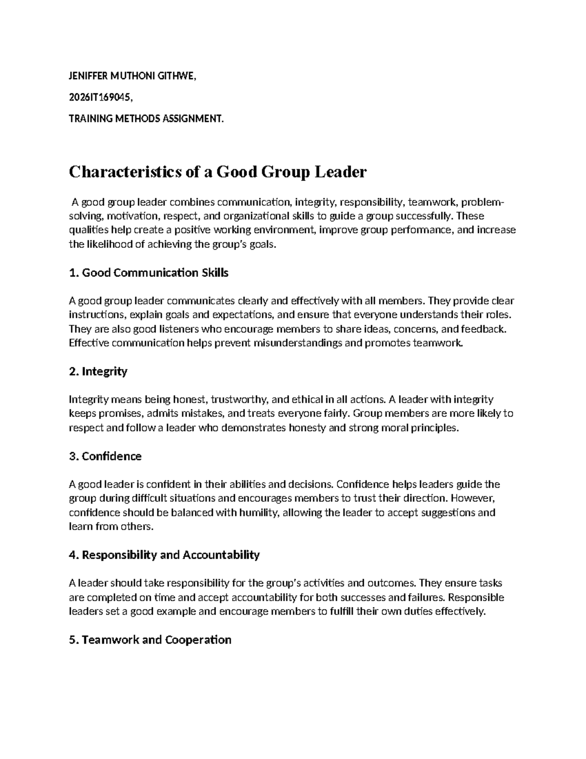 Training Methods Assignment: Characteristics of a Good Group Leader ...