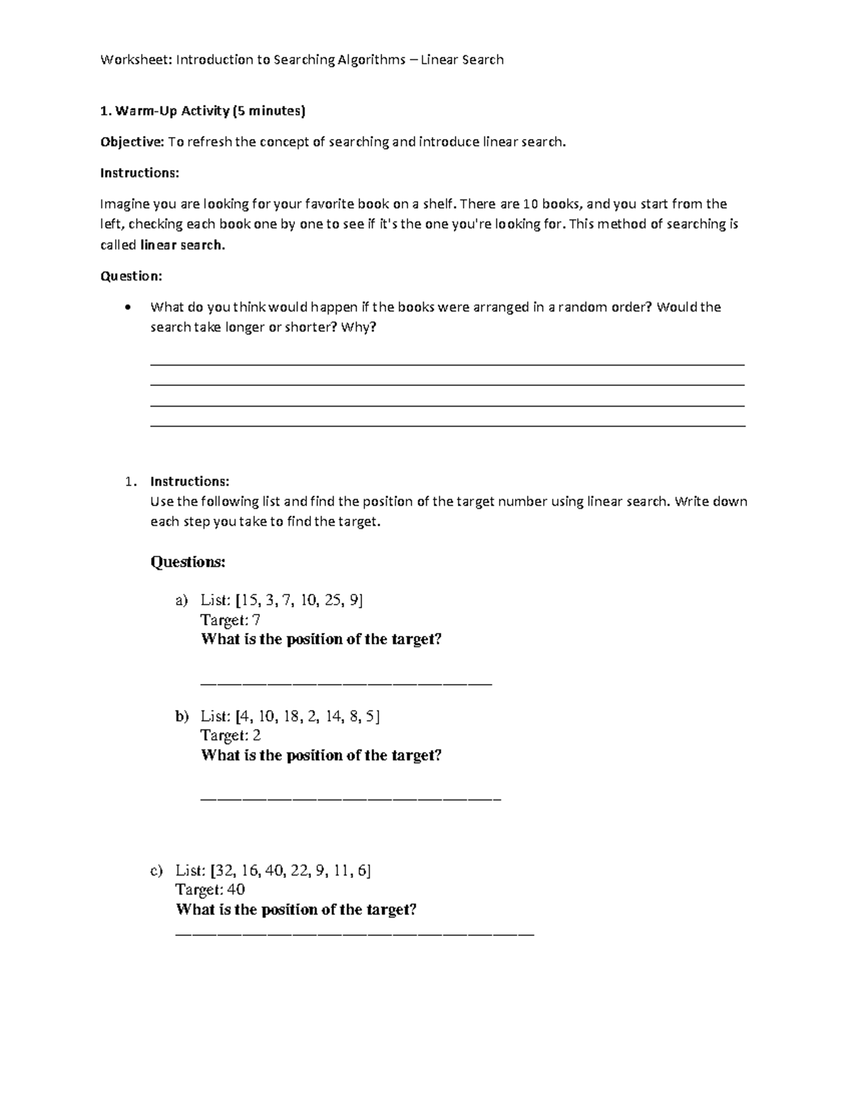 Linear Search Activity - Worksheet: Introduction to Searching ...