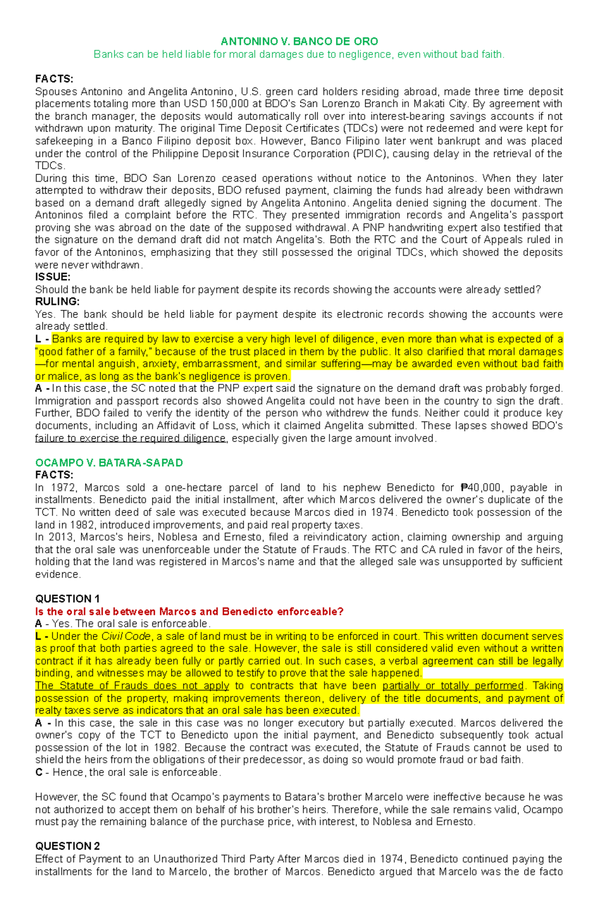 Civil Code Case Digest: Antonino v. Banco de Oro & Related Cases - Studocu