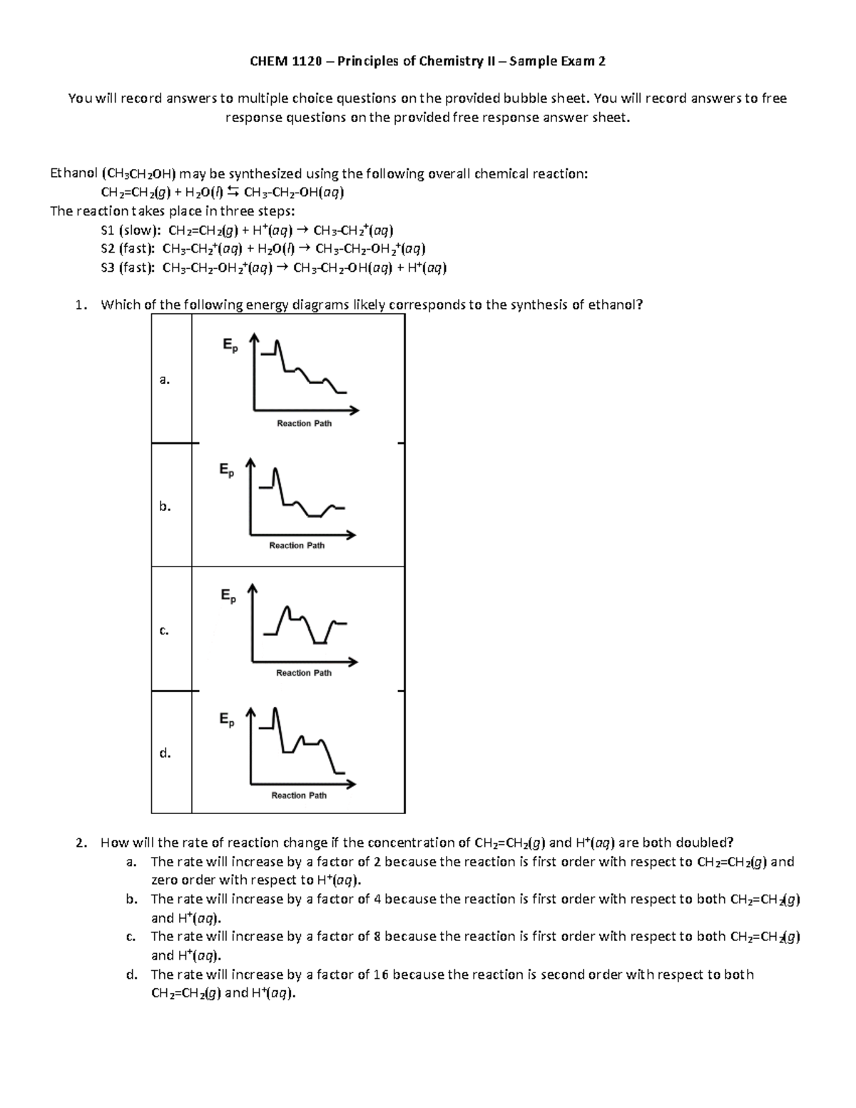 CHEM 1120 Sample Exam 2 - Practice Questions and Solutions - Studocu