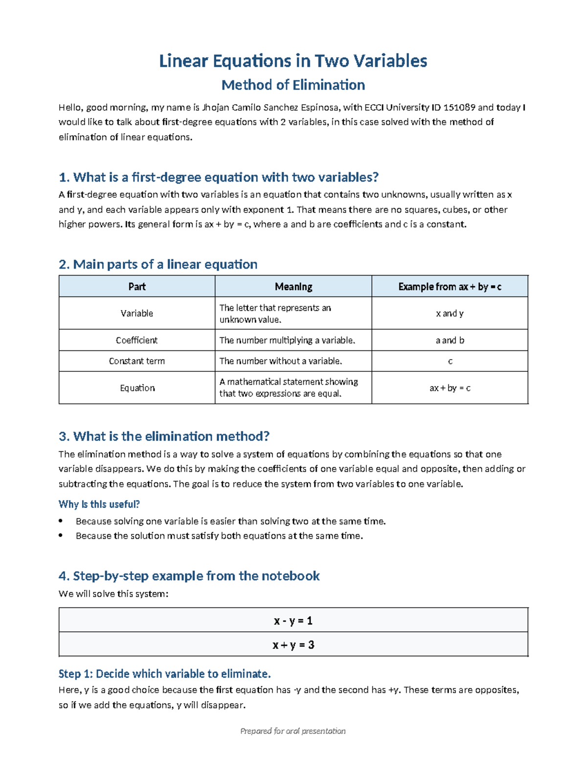 Linear Equations in Two Variables: Elimination Method Explained - Studocu