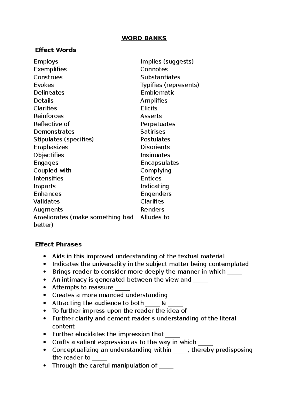 Effect Word & Phrase Bank - WORD BANKS Effect Words Employs Implies ...