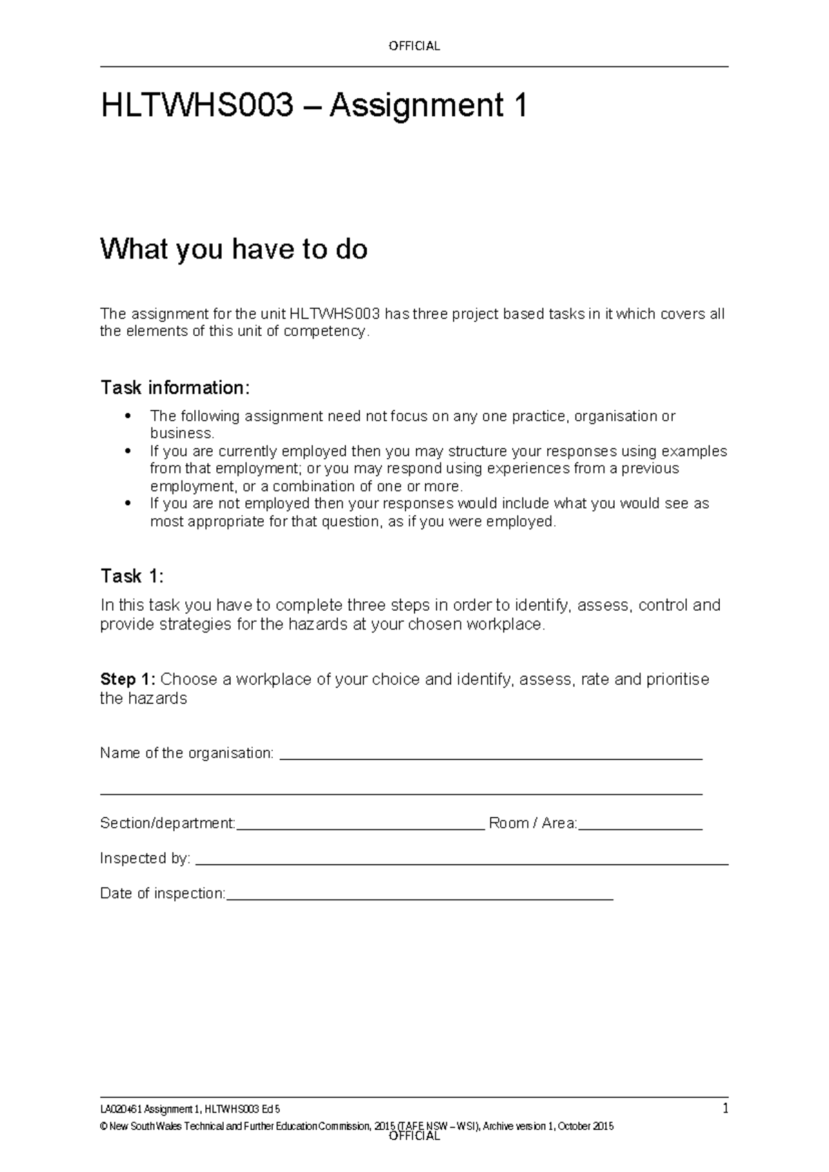 HLTWHS003 Assignment 1: Workplace Hazard Assessment & Training Plan ...
