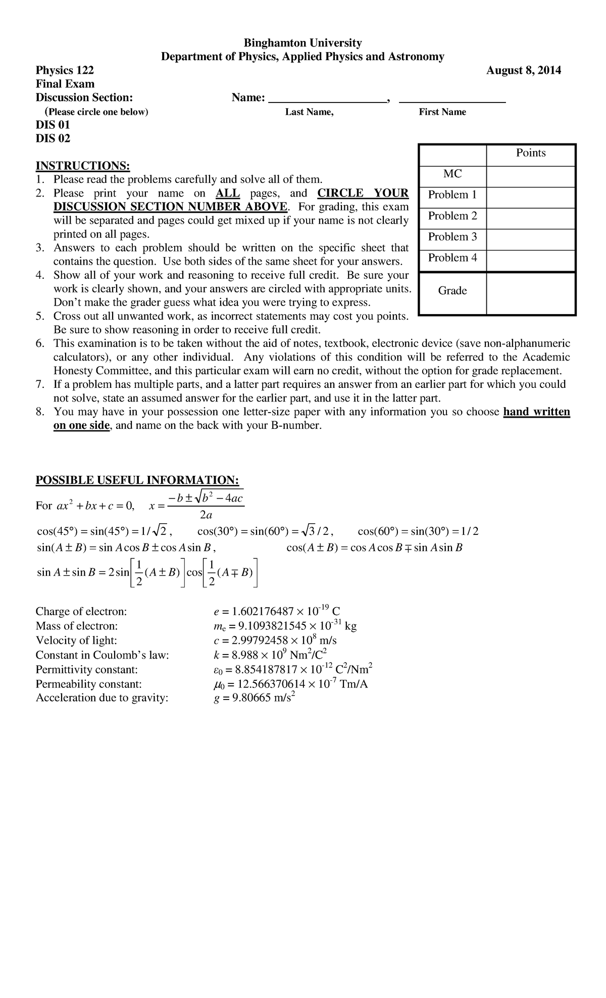 2014 Final - Binghamton University Department of Physics, Applied ...