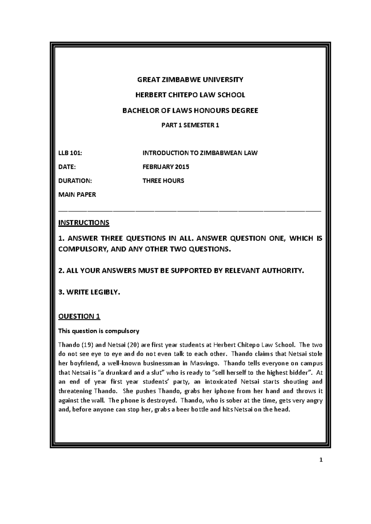 2015 LLB 101 - Introduction to Law Exam Paper & Instructions - Studocu
