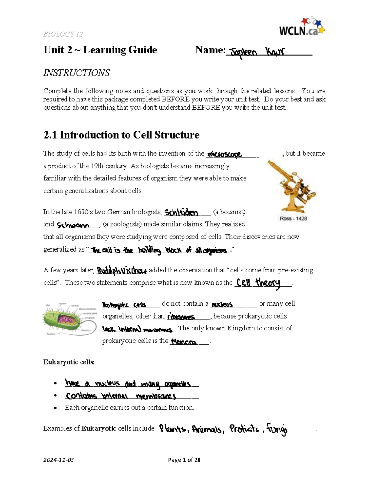 Biology 12: Unit 2 Cell Structure & Function Study Guide - Studocu