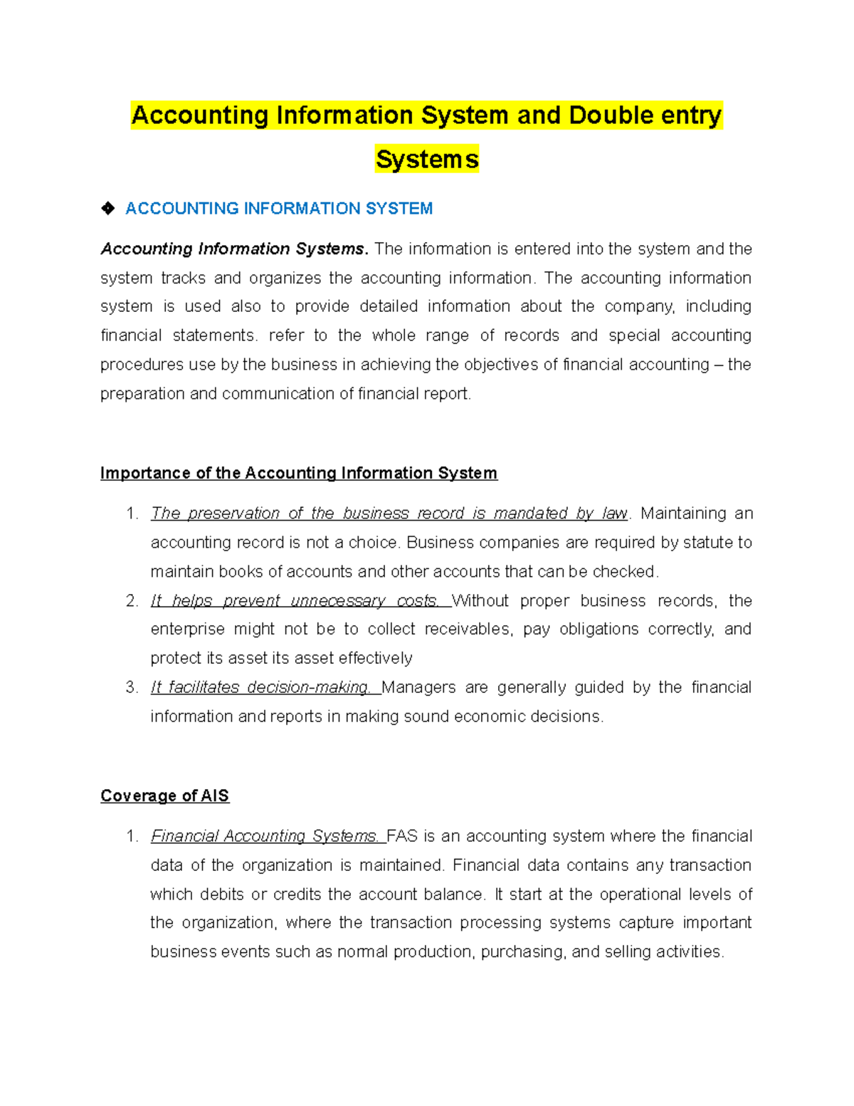 Accounting Information System and Double entry Systems - Accounting ...