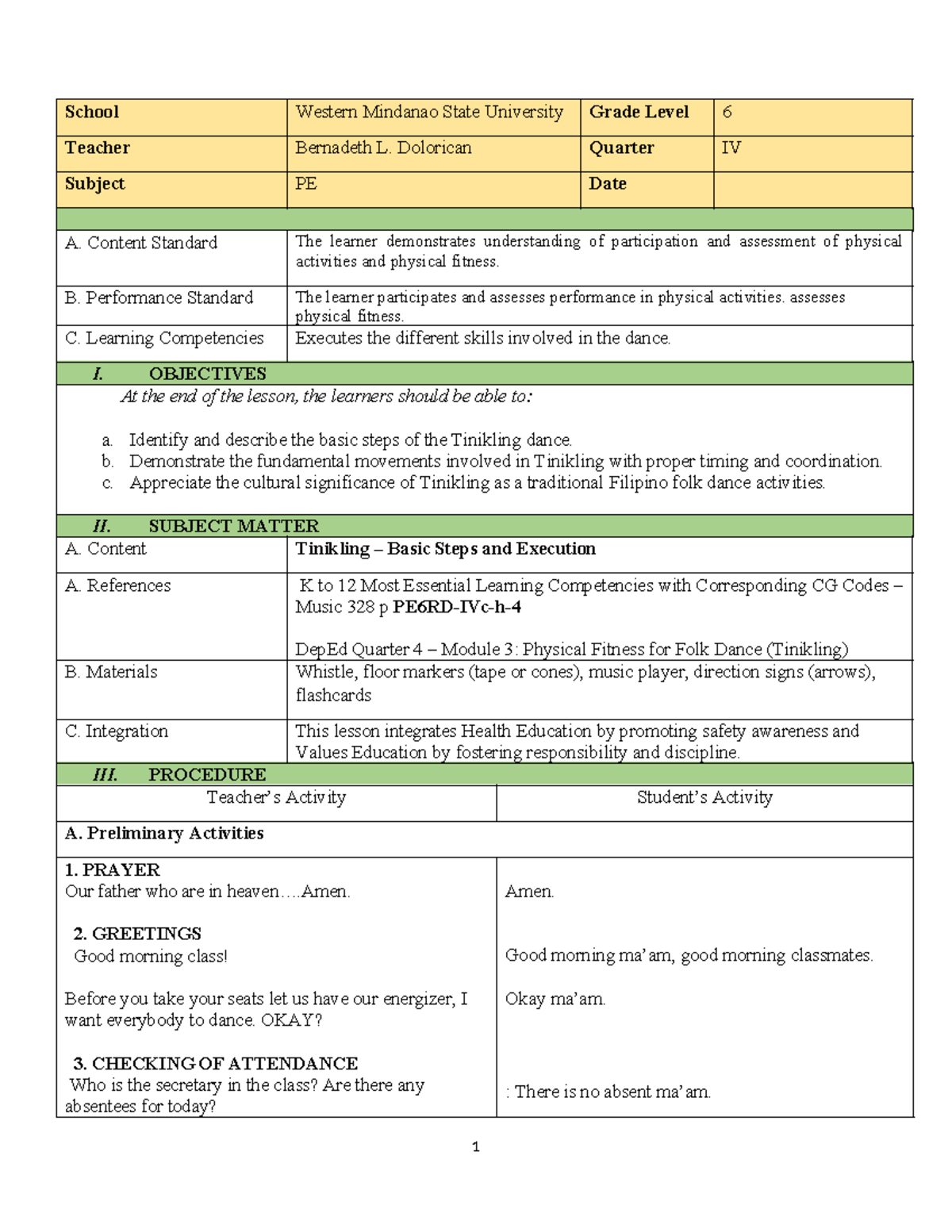 PE 6 Lesson Plan: Tinikling Dance Basics and Execution - Studocu