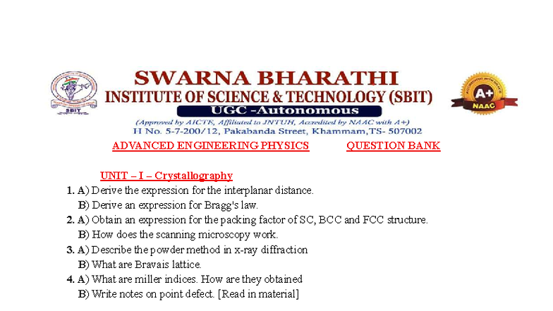 ADVANCED ENGINEERING PHYSICS QUESTION BANK R25: Units I-III - Studocu