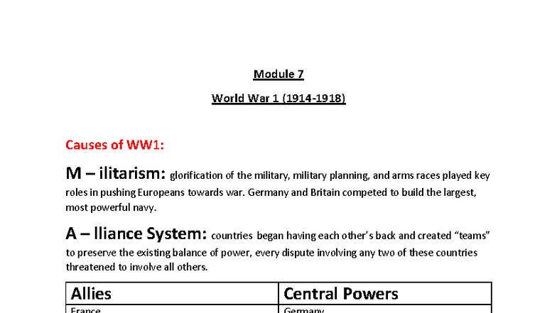 World History Module 7: Analyzing Causes and Effects of WW1 (1914-1918 ...