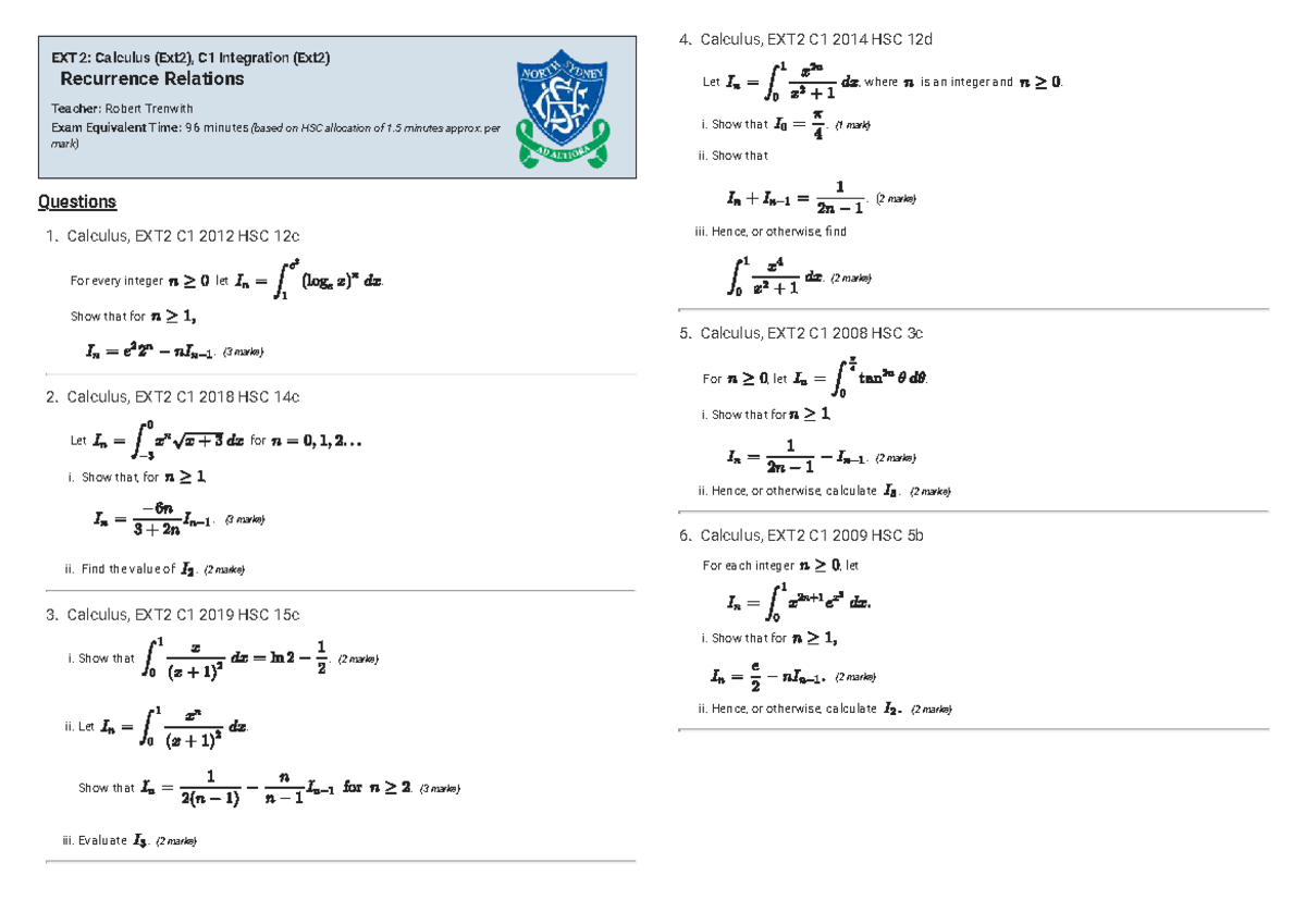 Integration Questions for EXT2 C1 2014 HSC Exam - Studocu