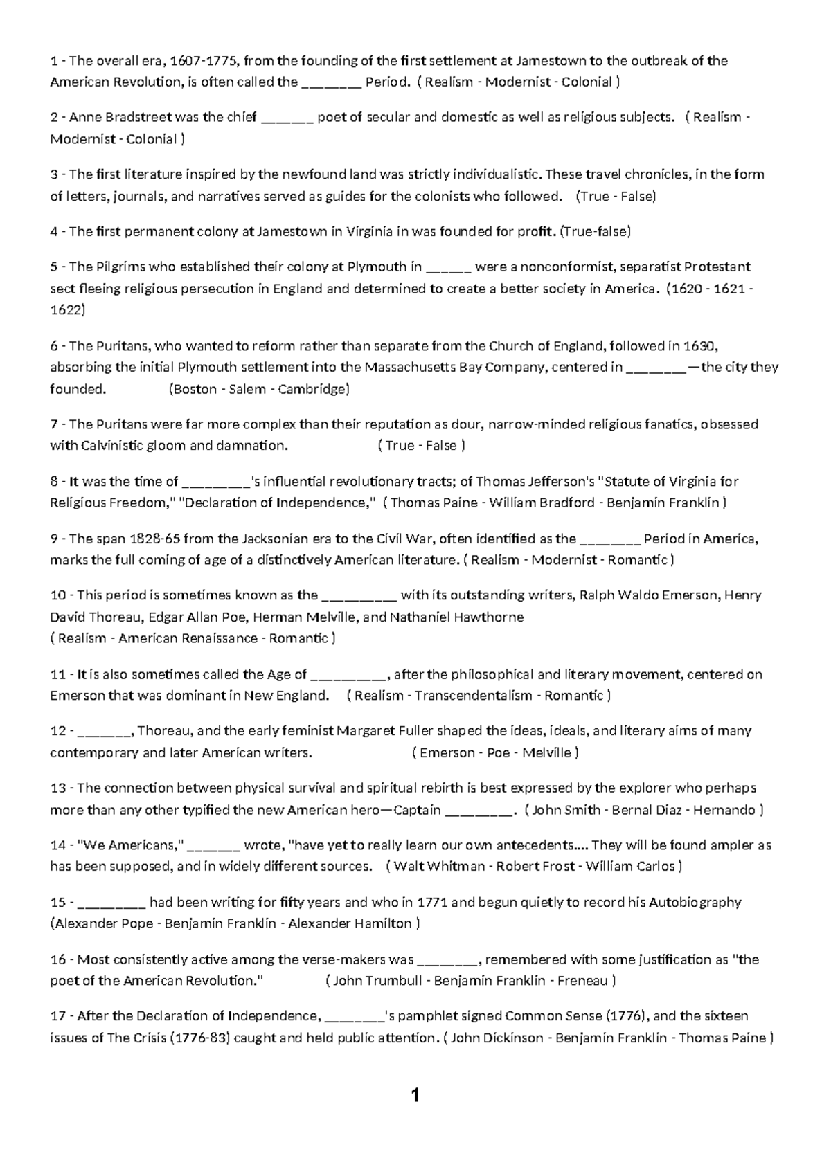 امتحان ادب امريكي - 1 - The overall era, 1607-1775, from the founding ...