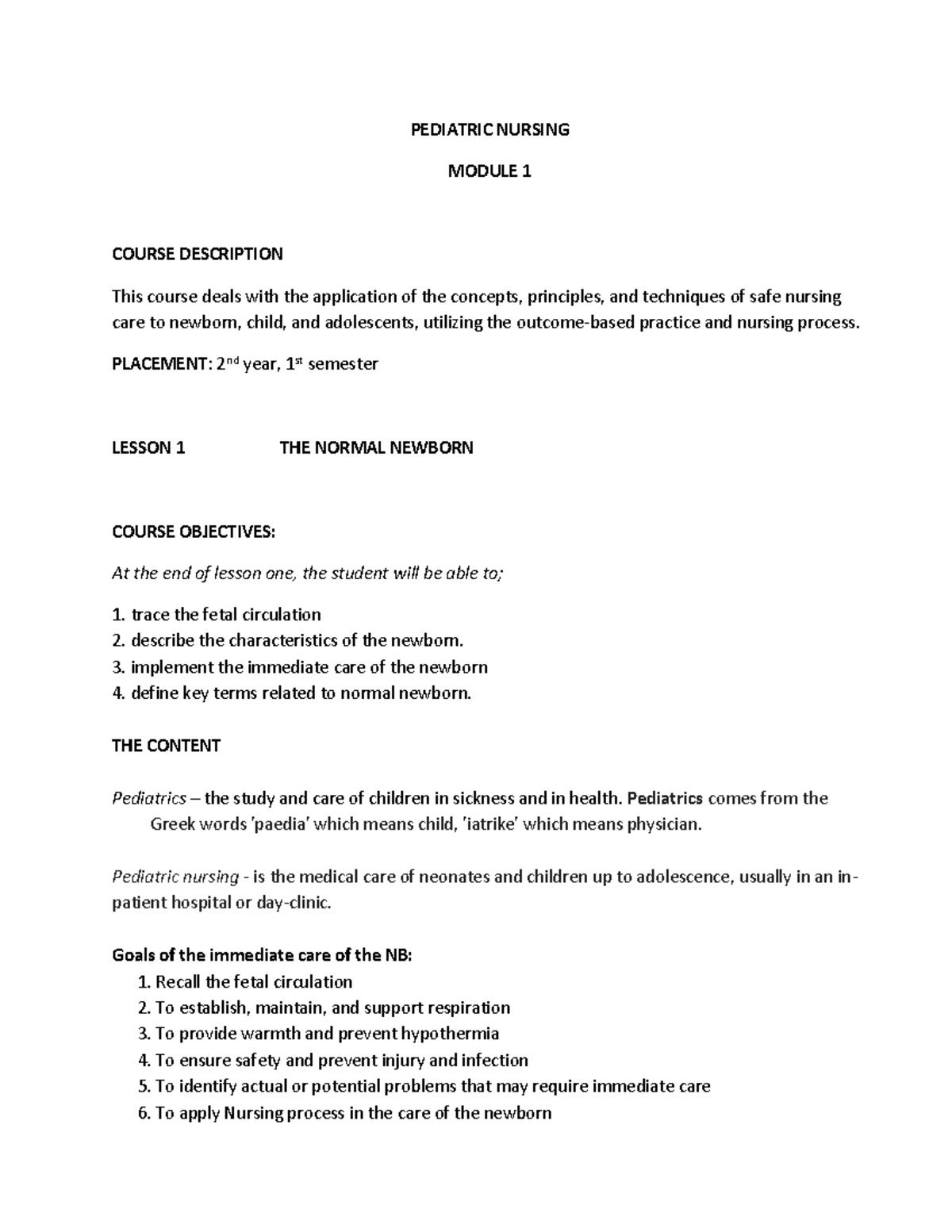 Pediatric Nursing Module 1: Normal Newborn Care and Development - Studocu