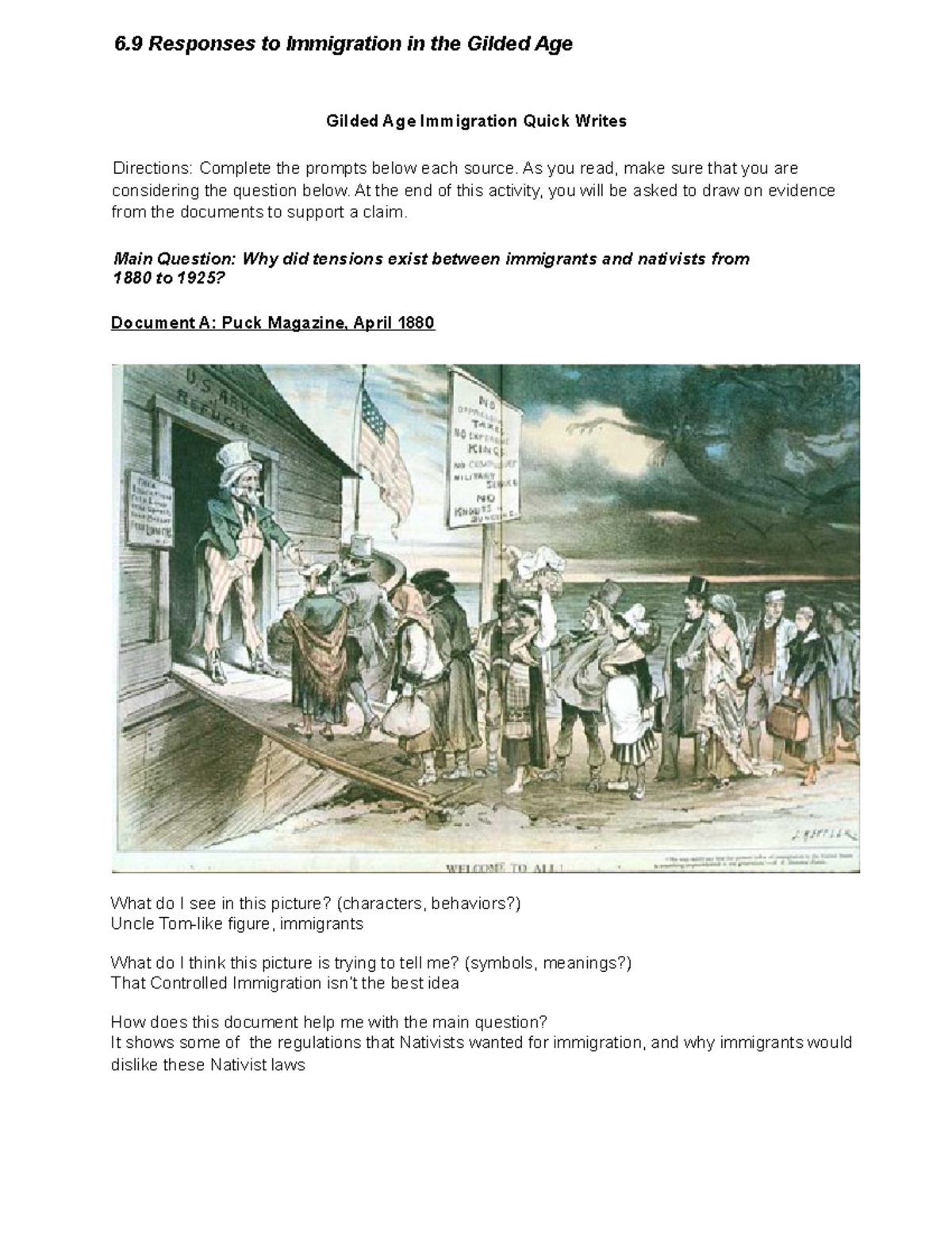 6.9 Responses to Immigration in the Gilded Age - As you read, make sure ...