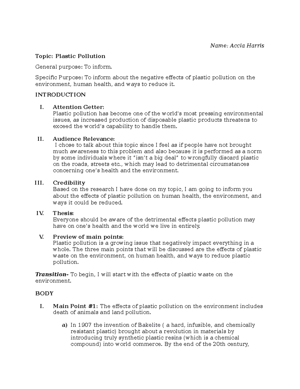 PSY101: Informative Speech Outline on Plastic Pollution and Its Impacts ...