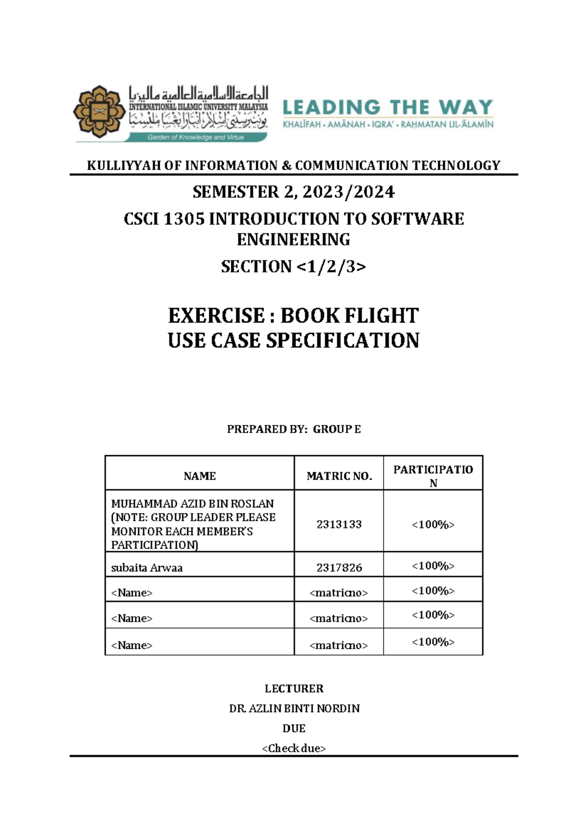 CSCI 1305 Use Case Specification: Flight Booking System Group E - Studocu