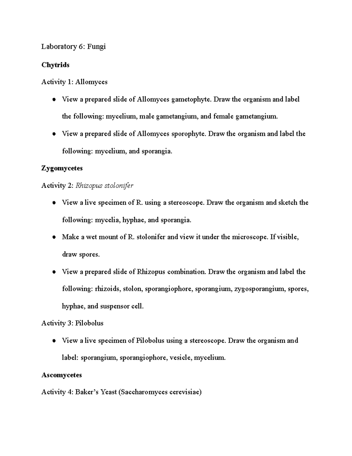 Pre-Lab Activity: Fungi Laboratory 6 - Assignment Overview - Studocu