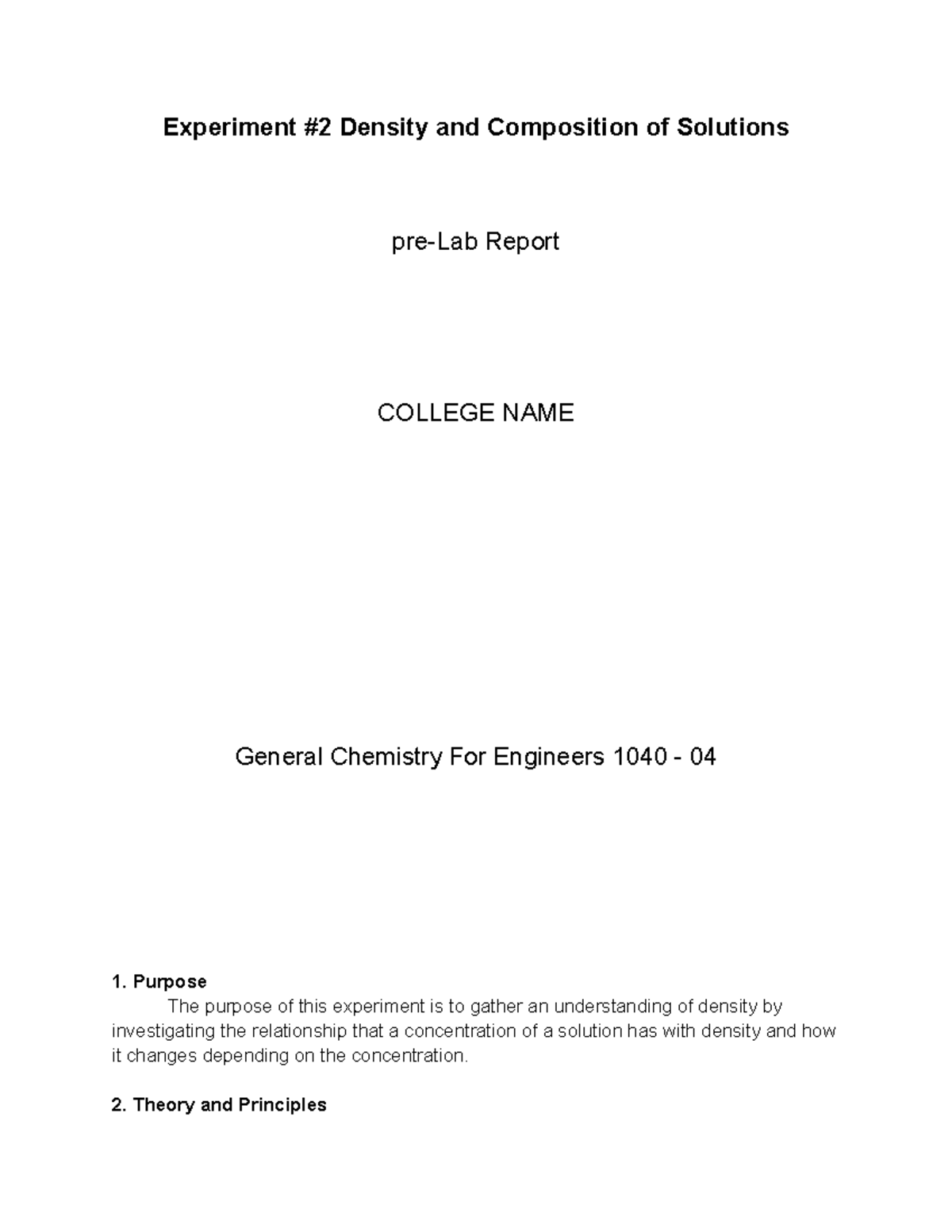 Pre Lab Pre Lab For Experiment 2 Experiment 2 Density And
