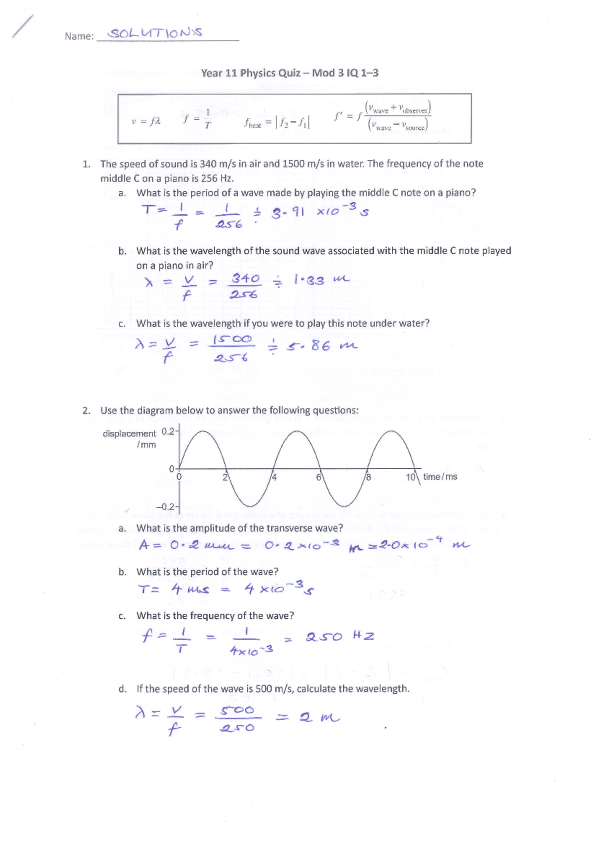 Year 11 Physics Quiz Mod 3 IQ1-3 Solutions on Sound Waves - Studocu