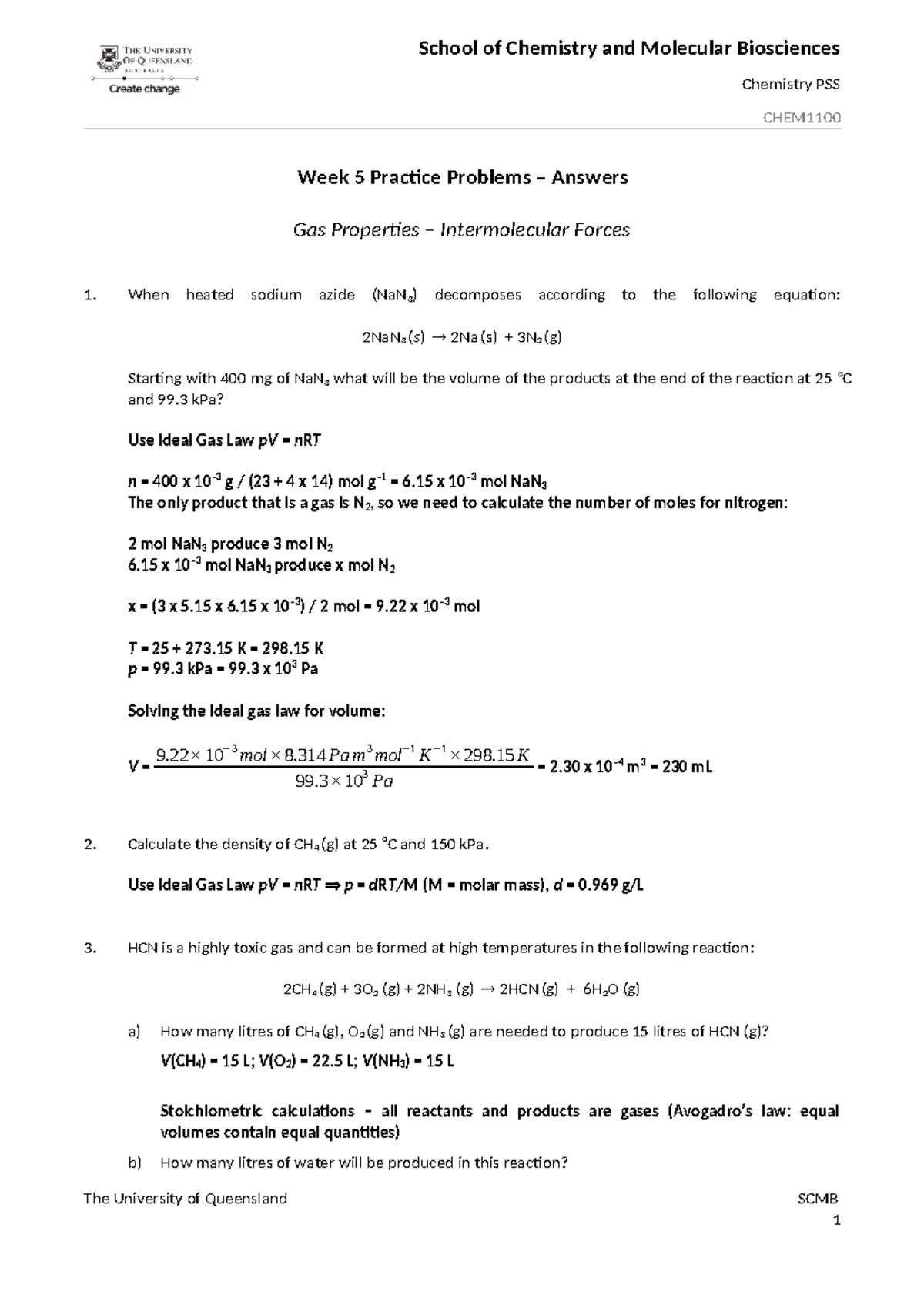 CHEM1100 Week 5 PSS Worksheet - Gas Properties & Stoichiometry ...