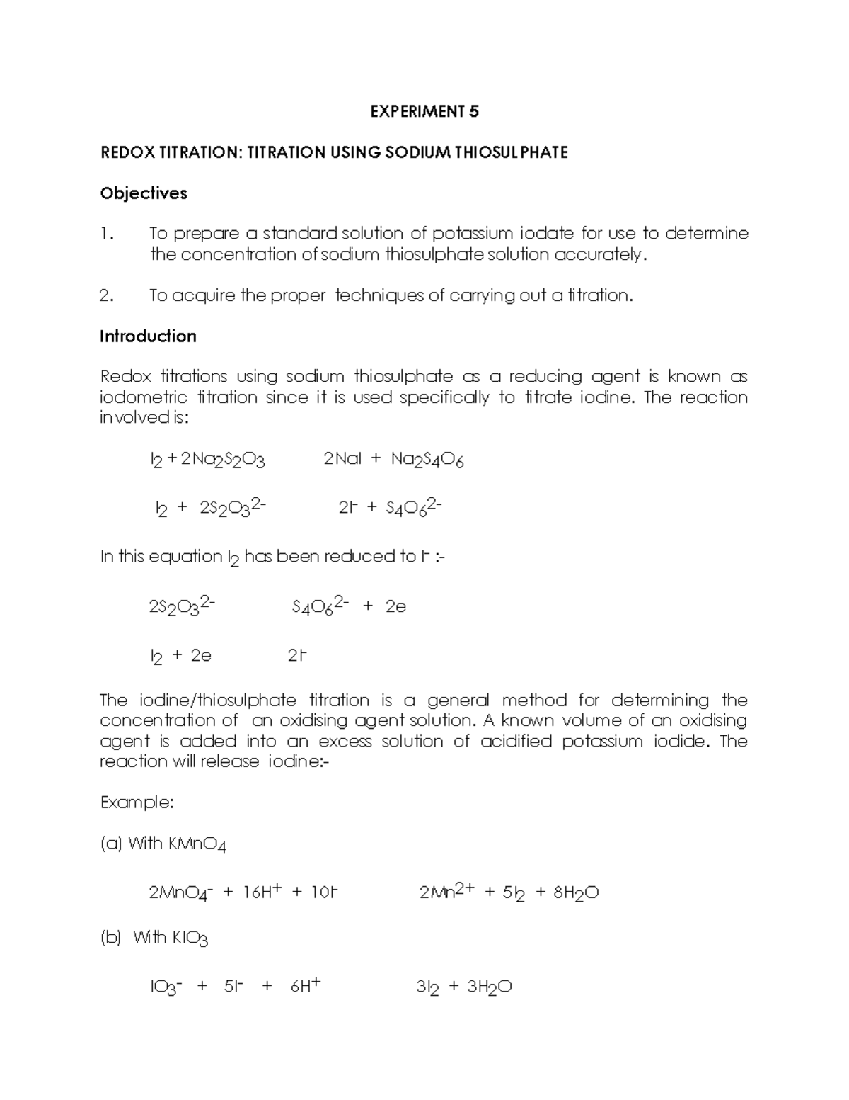 Redox Titration Experiment: Using Sodium Thiosulphate (Chem 101) - Studocu