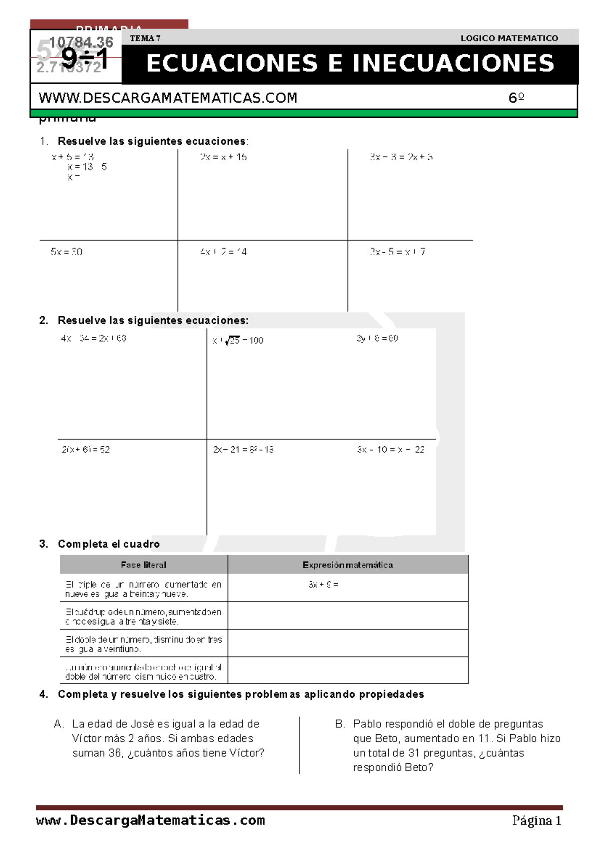 PRIMARIA 6º TEMA 7: Ecuaciones e Inecuaciones - Ejercicios y Problemas ...