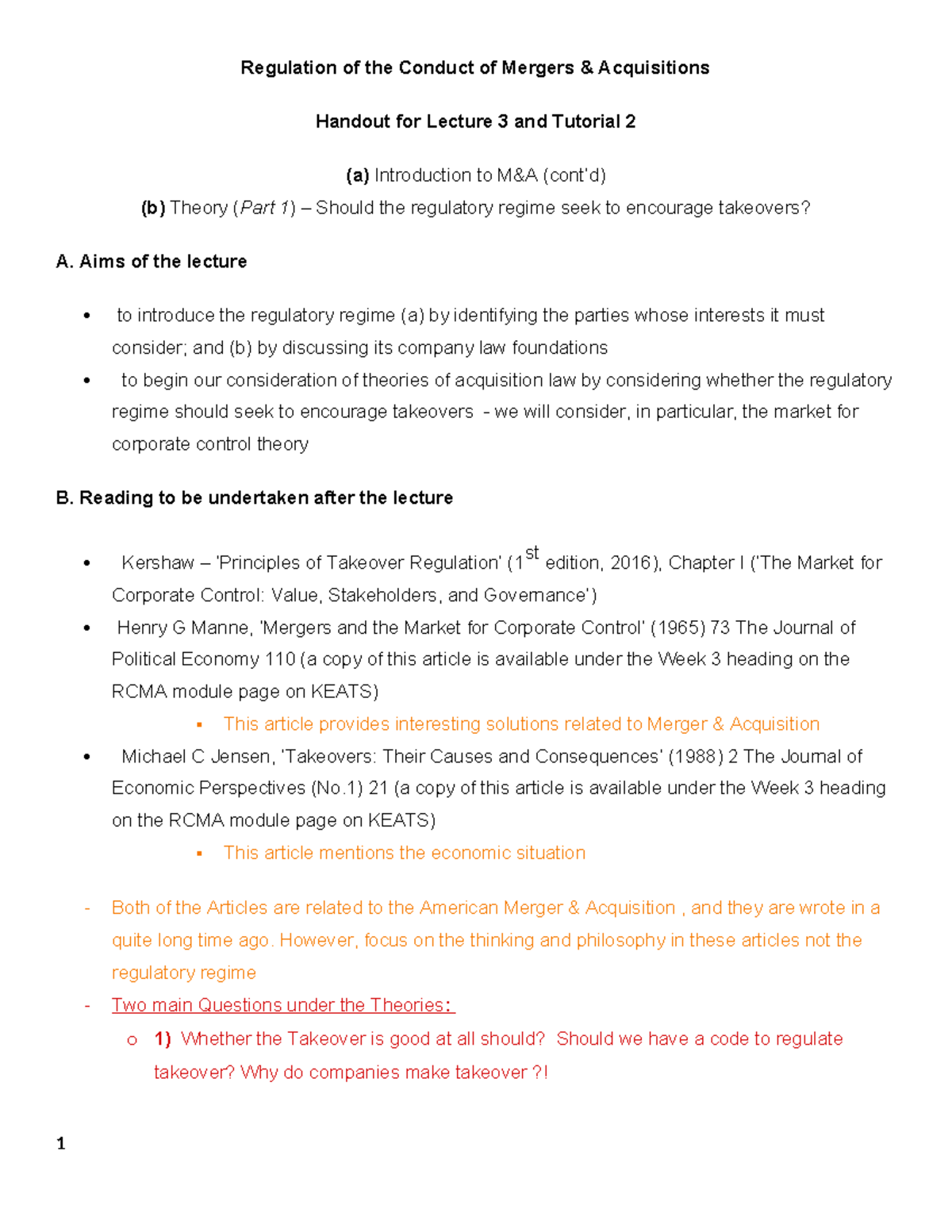 Regulation of Mergers & Acquisitions: Lecture 3 & Tutorial 2 Overview ...