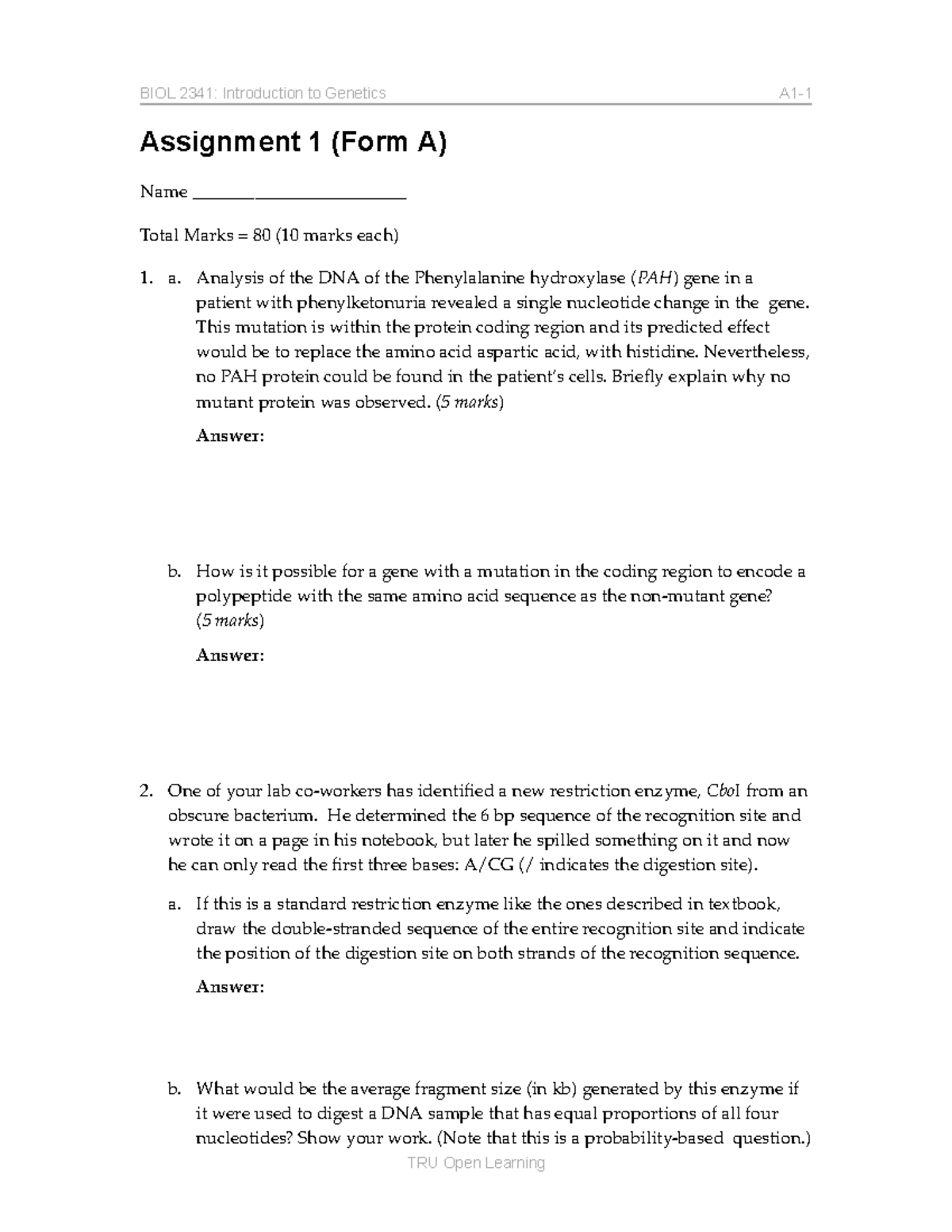 BIOL 2341: Genetics Assignment 1 Form A - Detailed Study Guide - Studocu