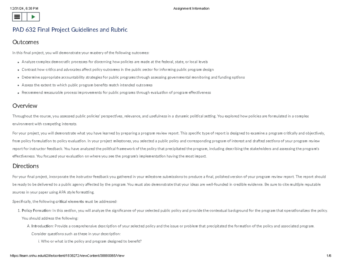 Final Project Guidelines & Rubric - PAD-632 Foundations of Public ...