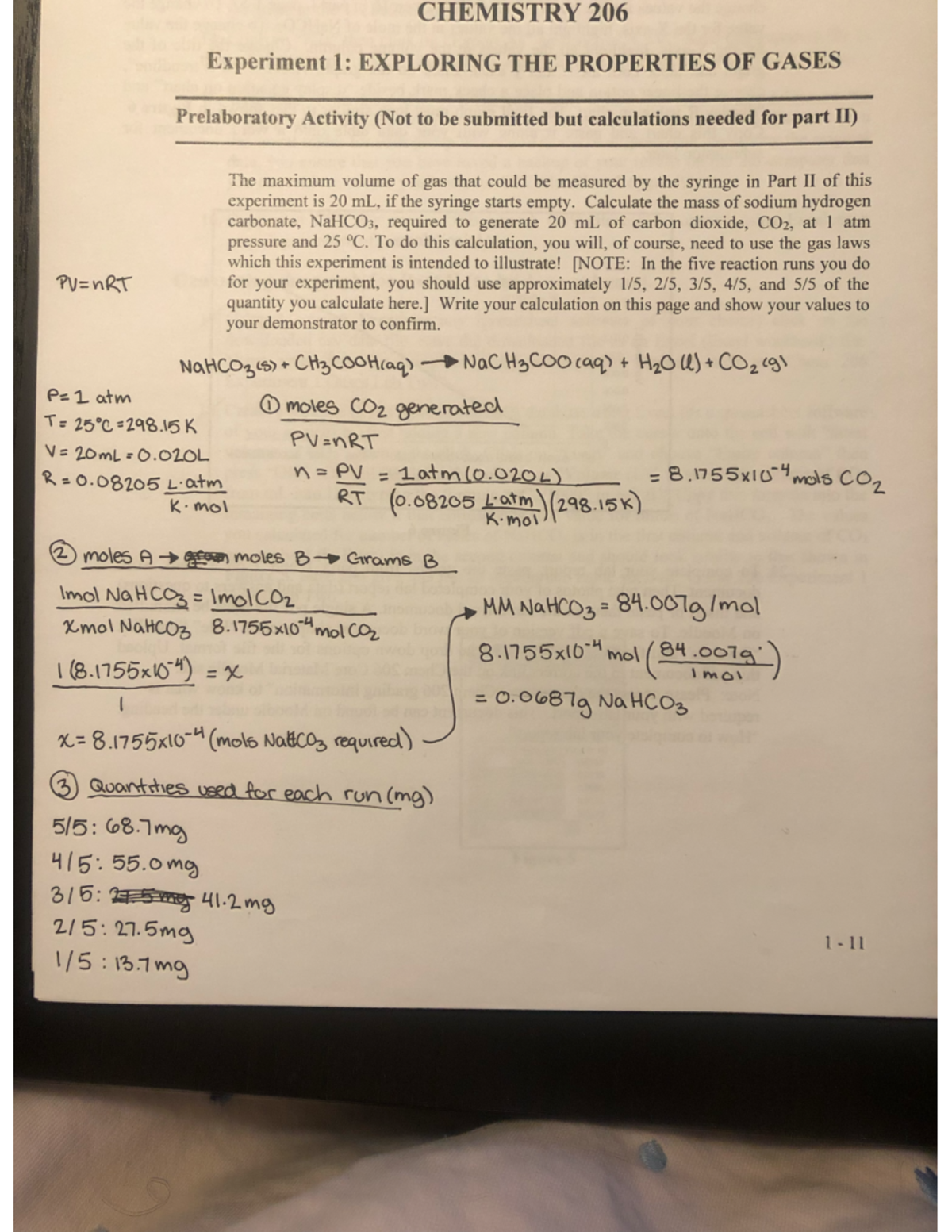 Chem206-Prelab1 - CHEMISTRY 206 Experiment 1: EXPLORING THE PROPERTIES ...