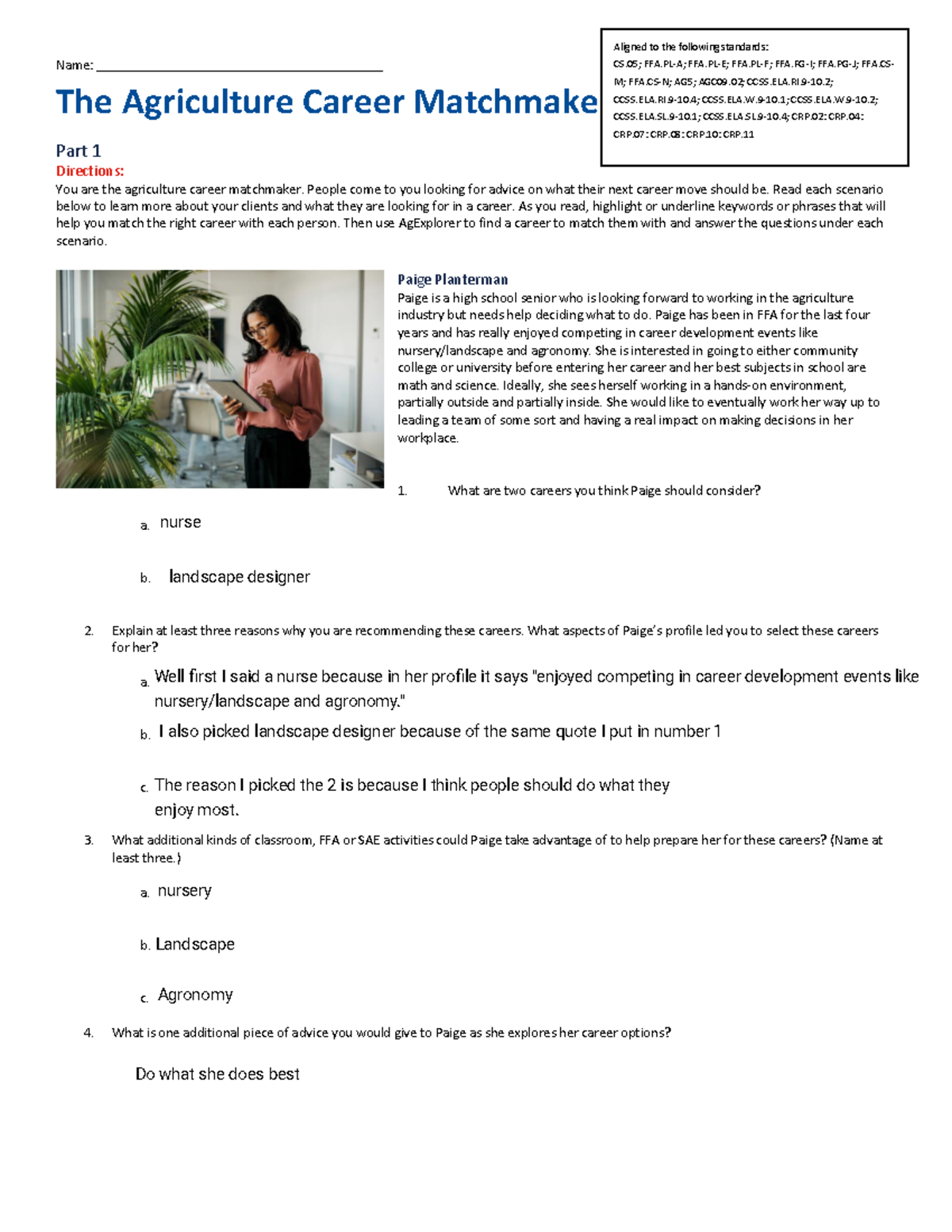 Agriculture Career Matchmaker Activity Sheets - Student Guide - Studocu