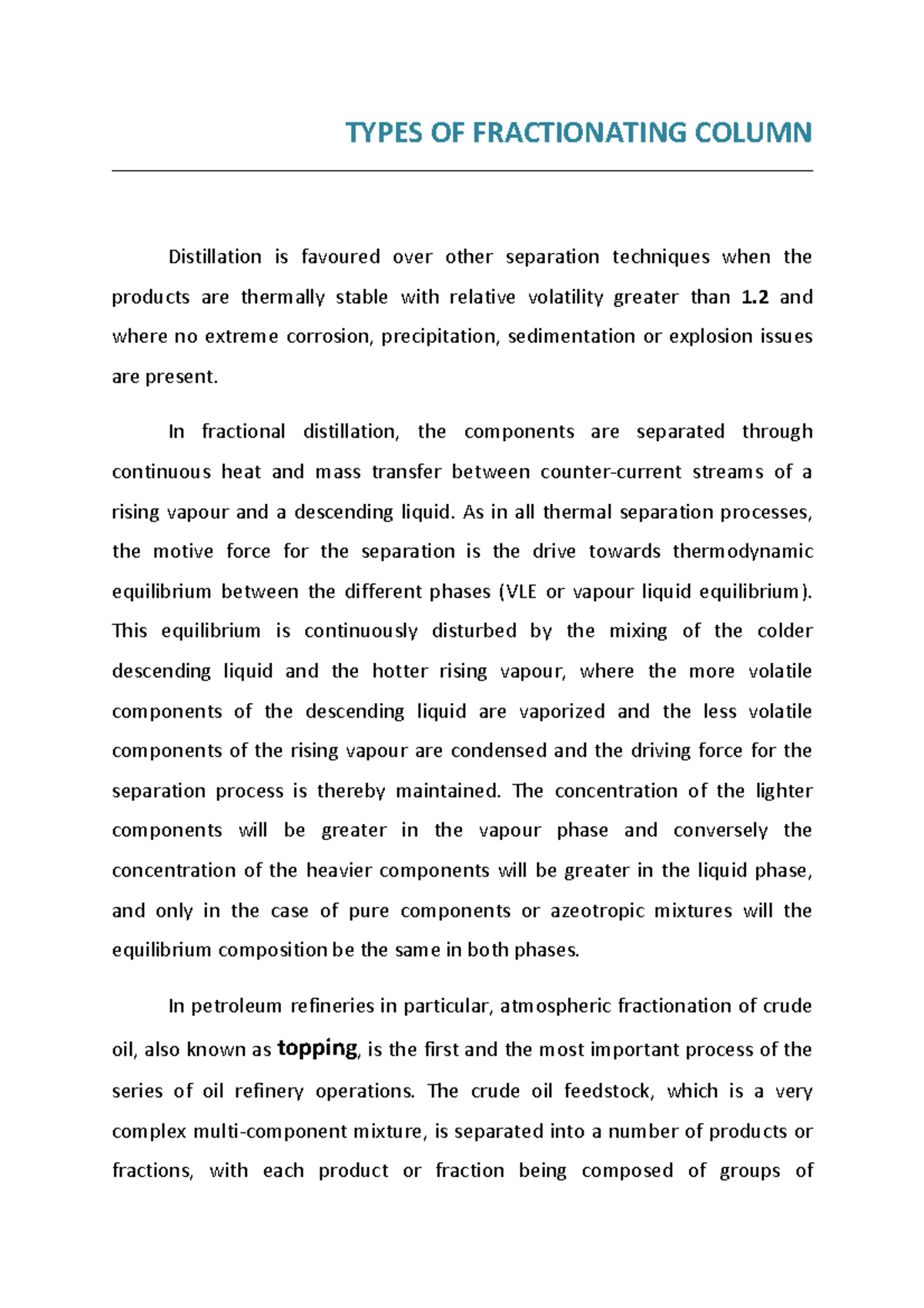 Types of Fractionating Columns: A Comprehensive Overview - Studocu