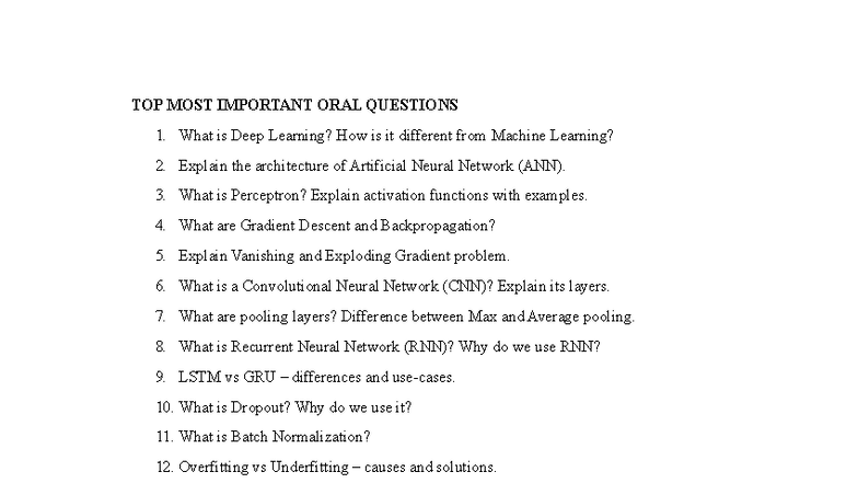 DL VIVA Questions: Key Concepts in Deep Learning - Studocu