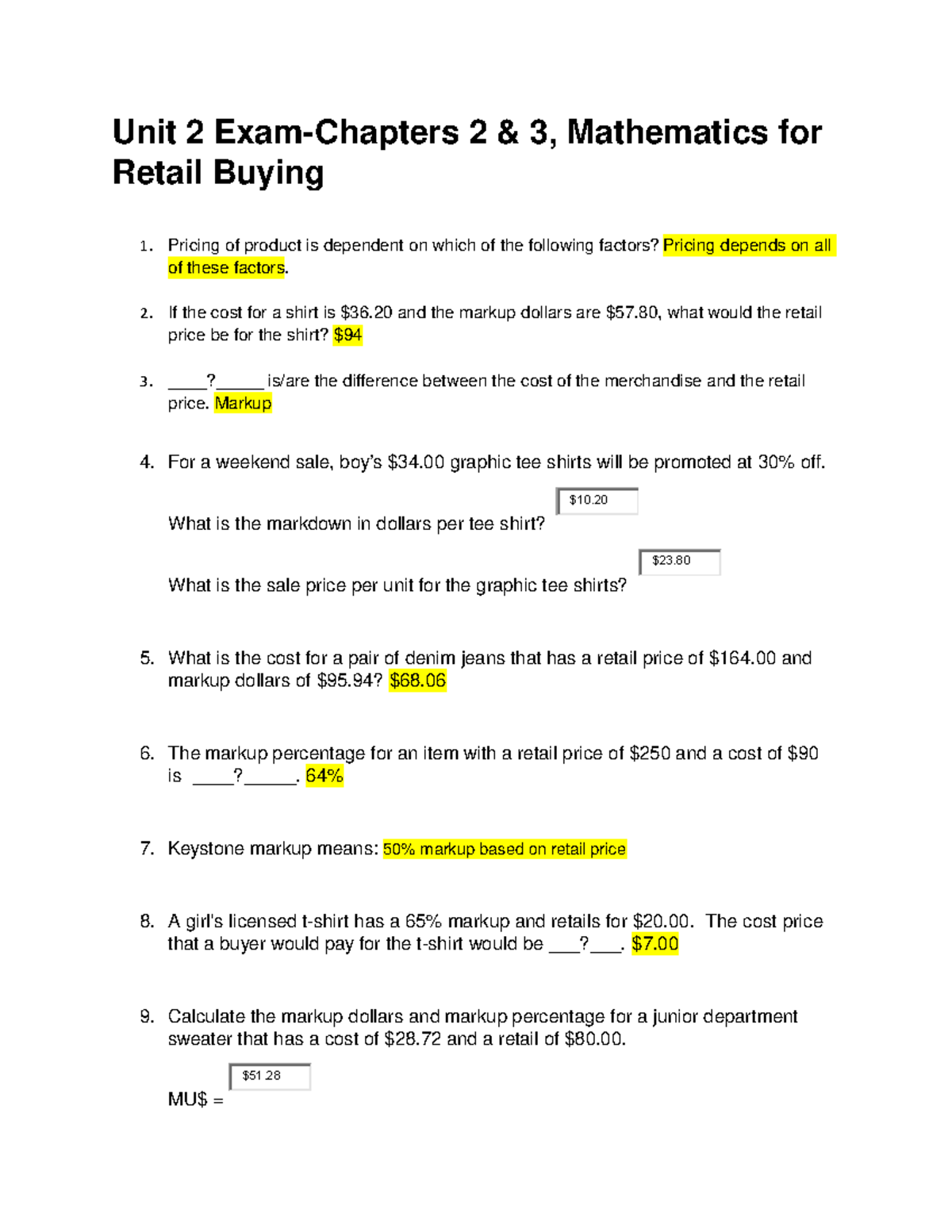 AMPC Unit 2 Exam - Retail Math Concepts from Chapters 2 & 3 - Studocu