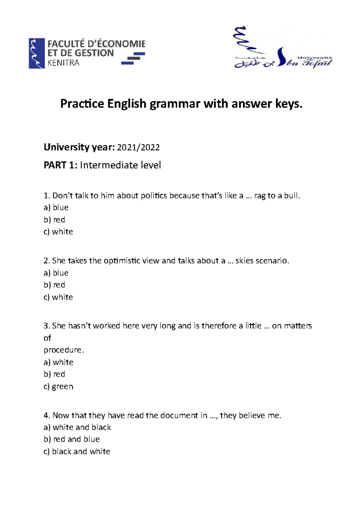 English Grammar Practice with Answers Part 1 - Intermediate Level - Studocu