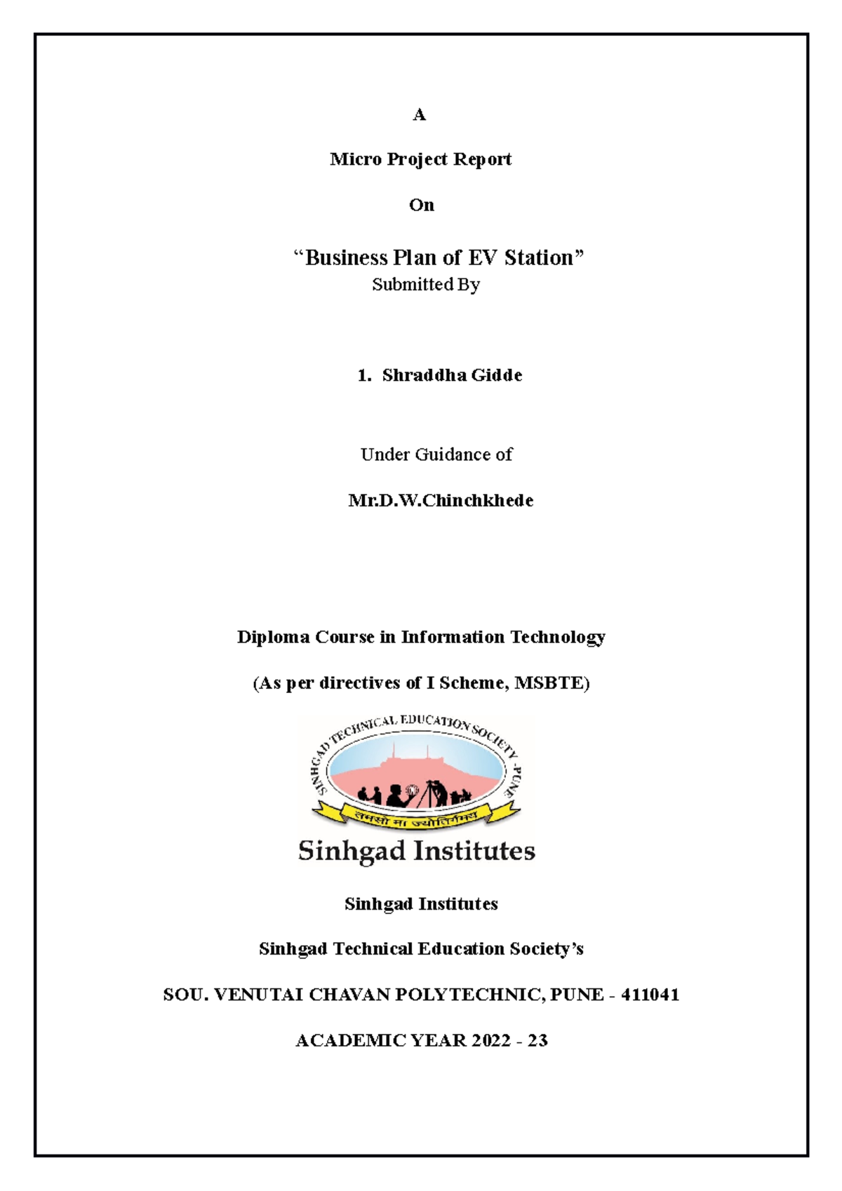 EDE microproject - EDE - A Micro Project Report On “Business Plan of EV Station” Submitted By 1 ...