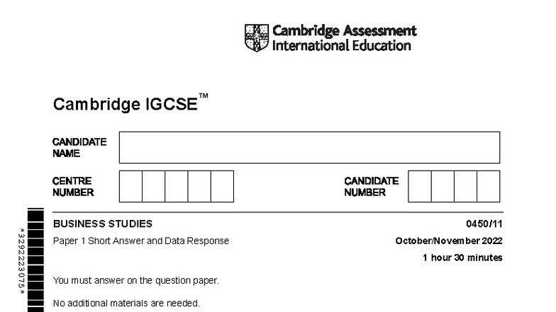 Cambridge IGCSE Business Studies 0450/11/2022 Paper 1 Q&A Guide - Studocu