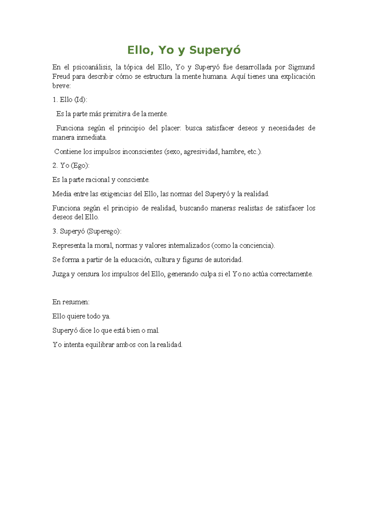 Psicoanálisis: Ello, Yo y Superyó - Estructura de la Mente - Studocu