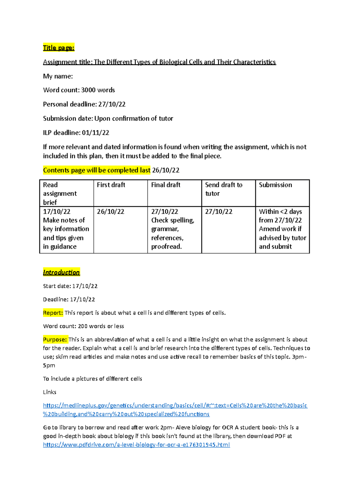 Unit 4 assignment plan 1654669 223 - Title page: Assignment title: The ...