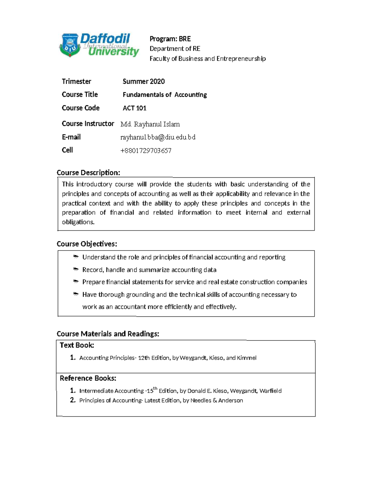 ACT 101 Fundamentals of Accounting Course Outline - Summer 2020 - Studocu
