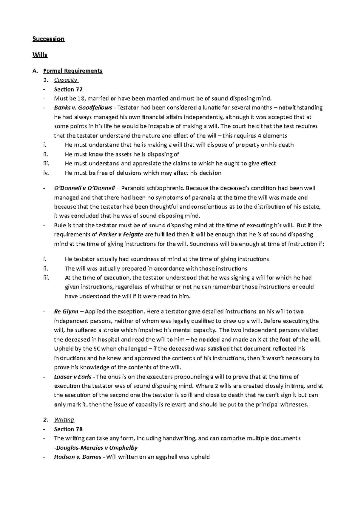 Succession and Wills: Formal Requirements and Key Cases Analysis - Studocu